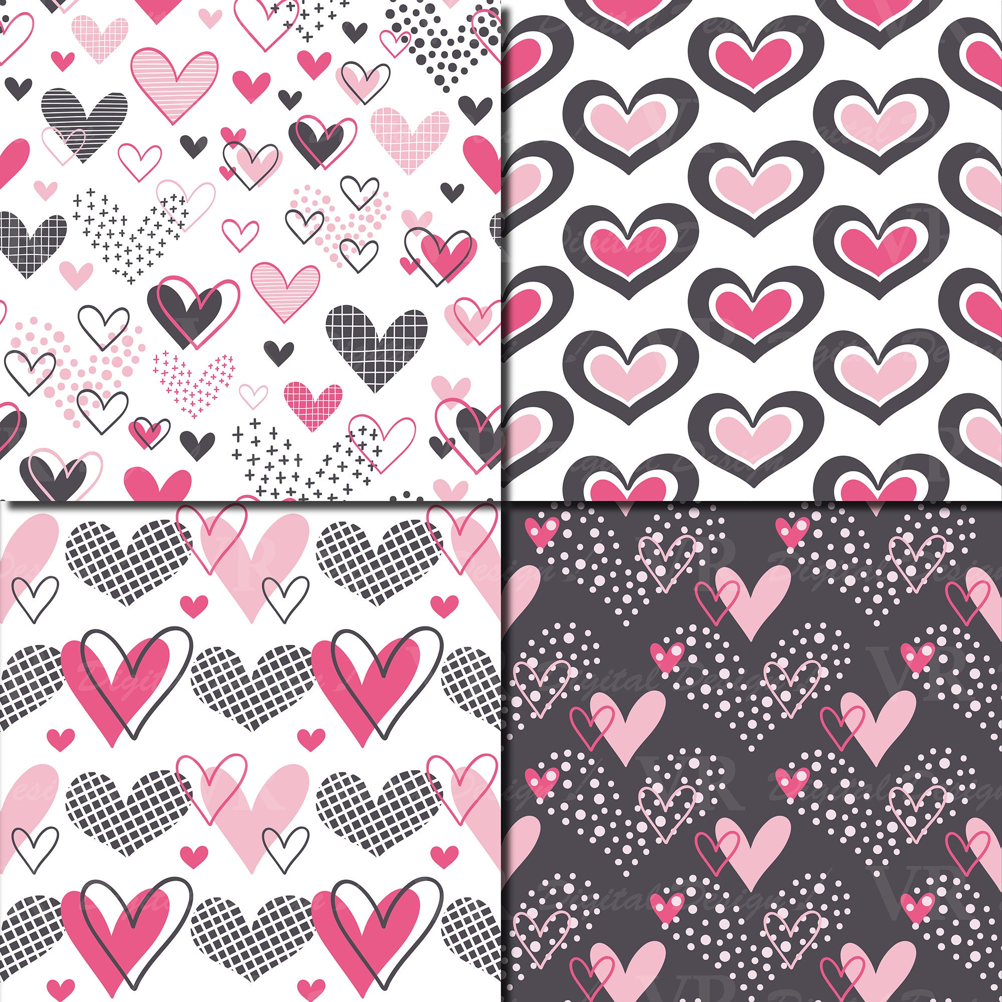 Hearts Digital Paper, Red and Pink Valentine's Day Seamless Patterns ...