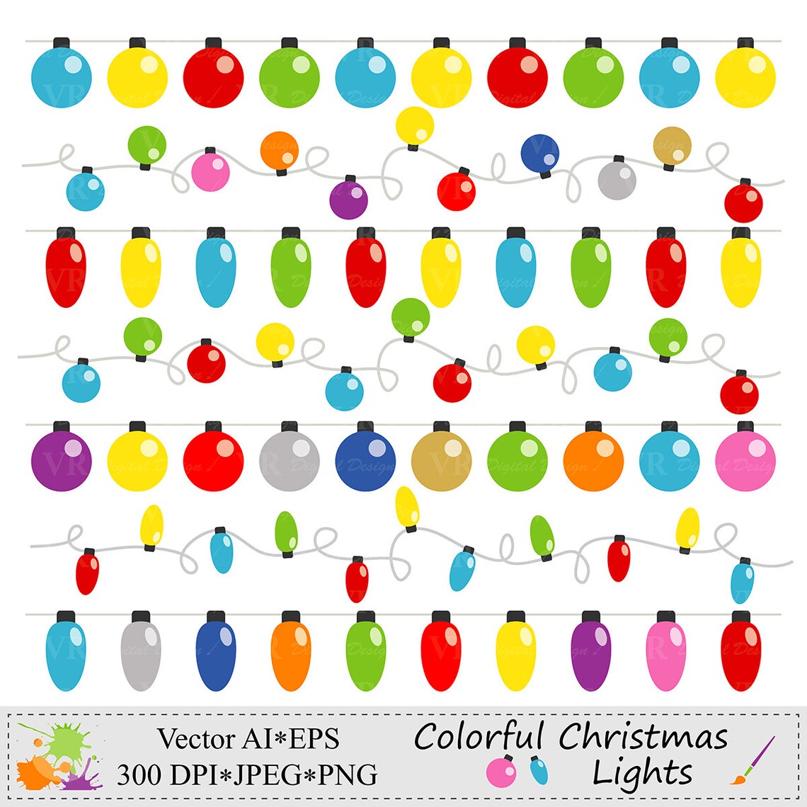 Colorful Christmas String Lights Clip Art, Bright Holiday Lights ...