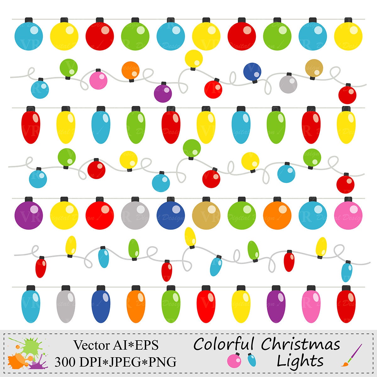 Colorful Christmas String Lights Clip Art, Bright Holiday Lights ...