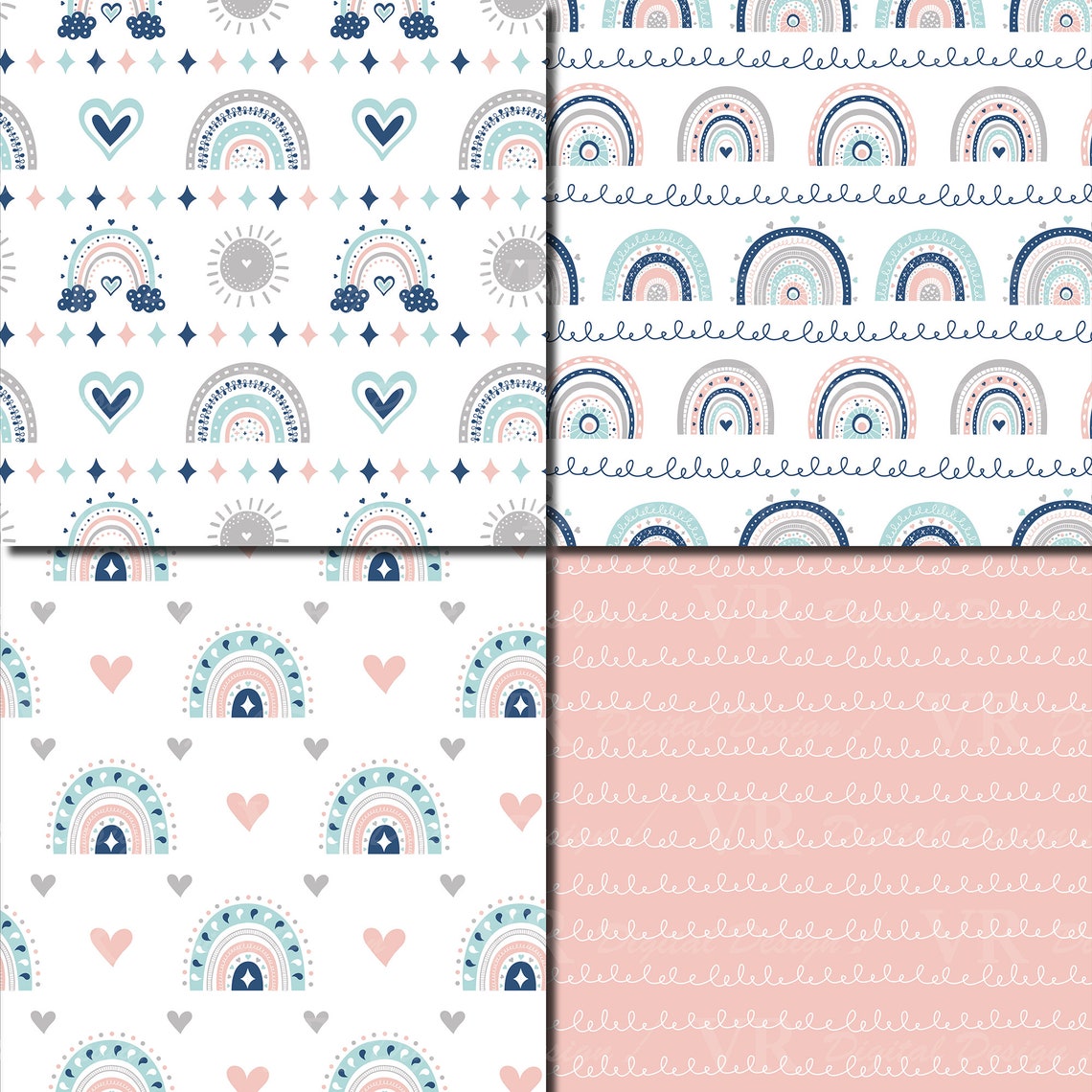 Pastel and Blue Rainbows Digital Paper Cute Rainbow Seamless | Etsy