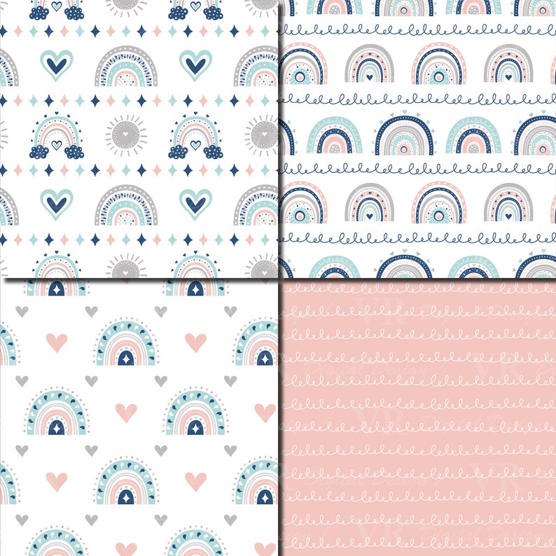Pastel and Blue Rainbows Digital Paper, Cute Rainbow Seamless Patterns ...