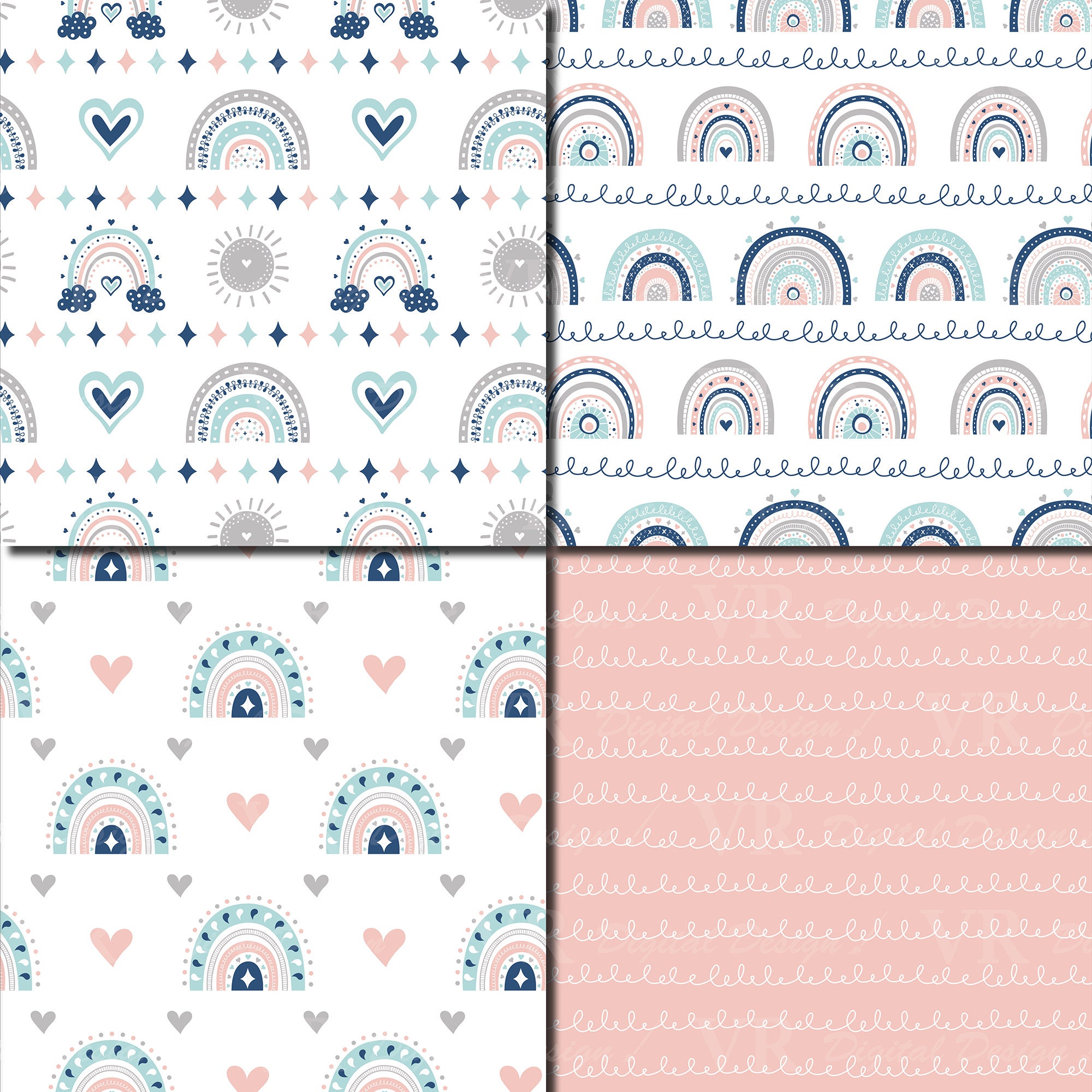 Pastel and Blue Rainbows Digital Paper, Cute Rainbow Seamless Patterns ...