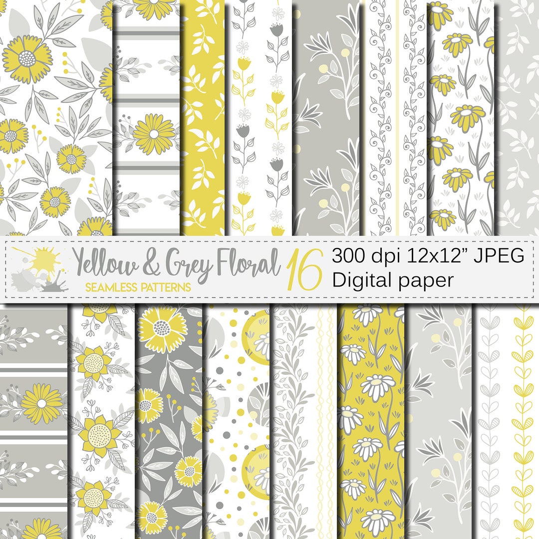 Yellow and Gray Floral Digital Paper, Floral Seamless Pattern, Flowers ...