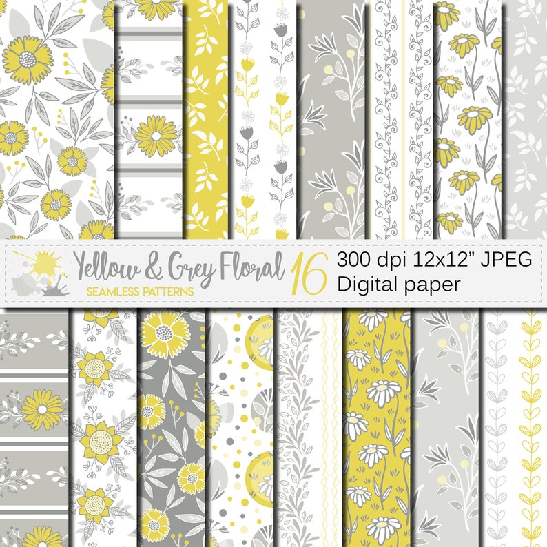 Yellow and Gray Floral Digital Paper, Floral Seamless Pattern, Flowers ...