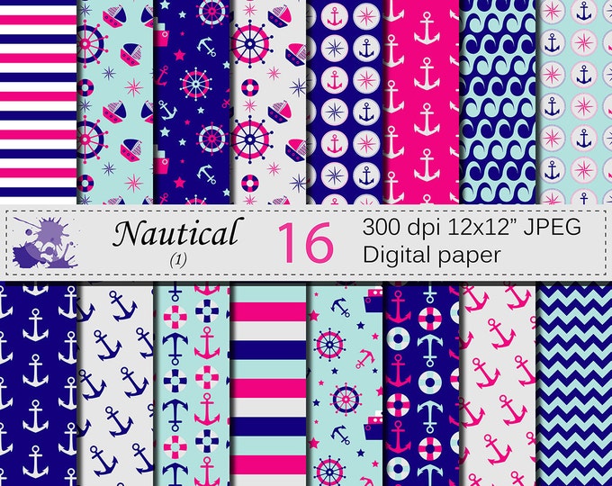 Blue and Pink Digital Paper Set, Geometric Digital Printable Scrapbook ...