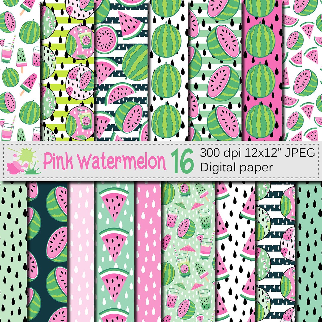 Watermelon Digital Paper, Cute Summer Fruit Digital Papers, Pink and ...