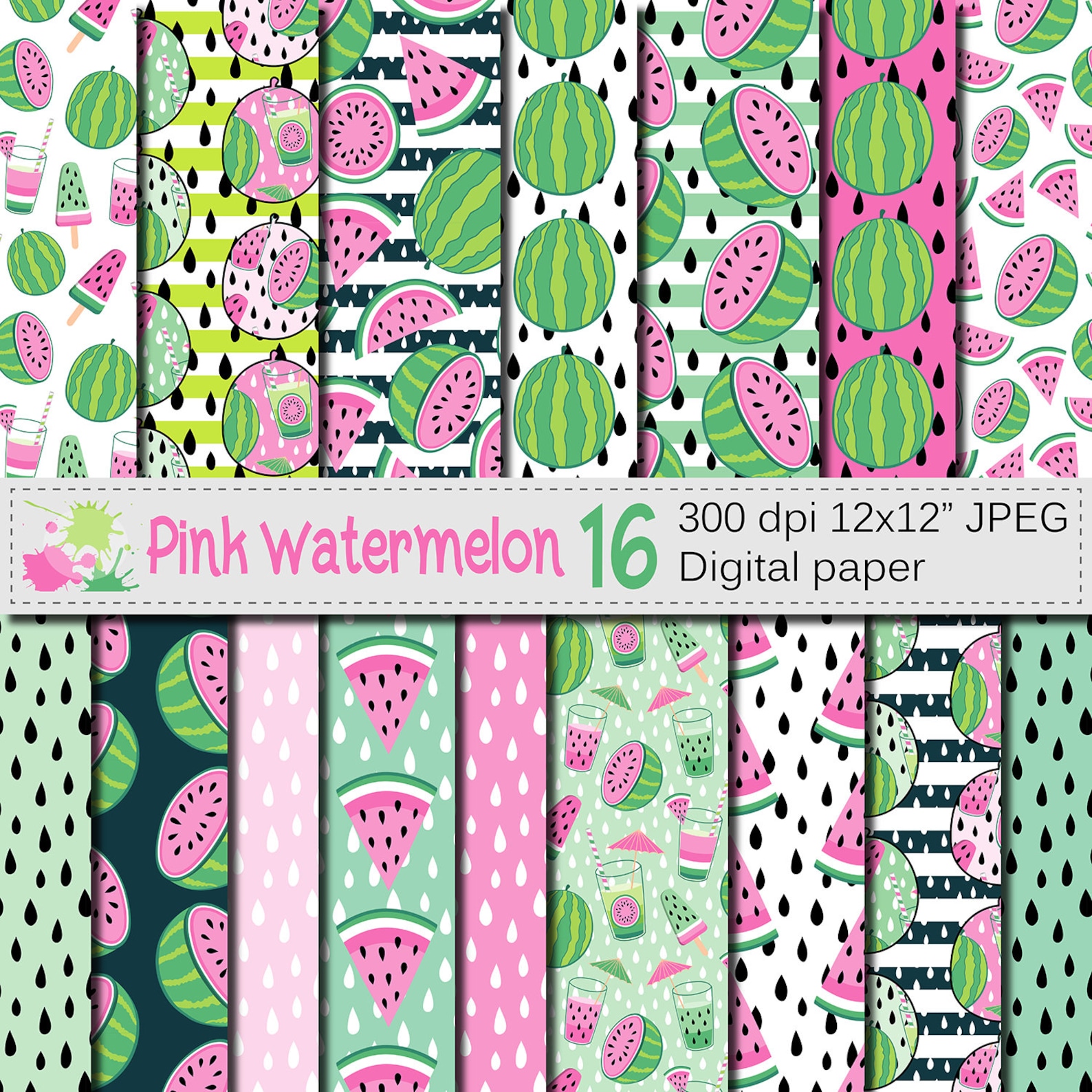 Watermelon Digital Paper, Cute Summer Fruit Digital Papers, Pink and ...