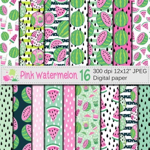 Watermelon Digital Paper, Cute Summer Fruit Digital Papers, Pink and ...