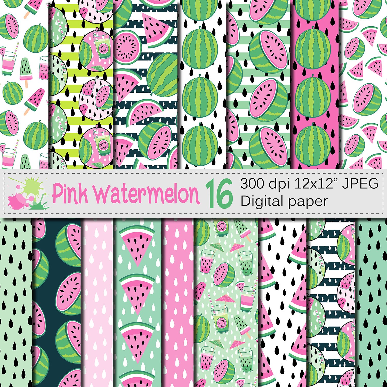 Watermelon Digital Paper, Cute Summer Fruit Digital Papers, Pink and ...