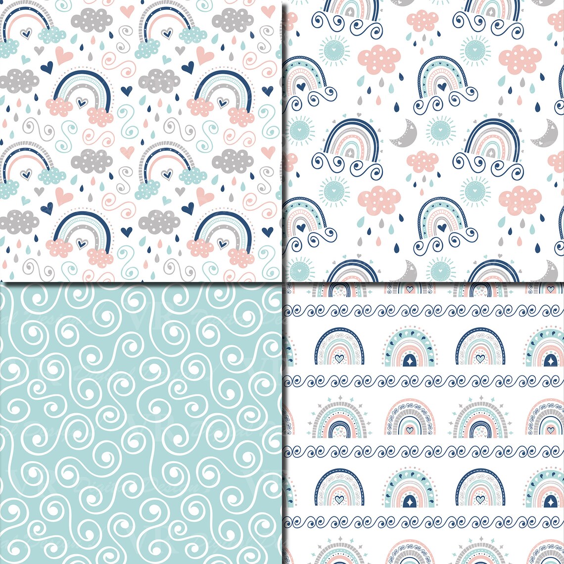 Pastel and Blue Rainbows Digital Paper Cute Rainbow Seamless | Etsy