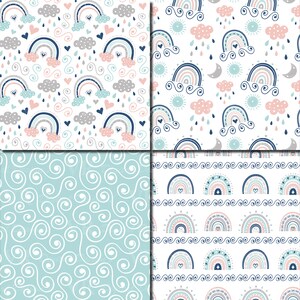 Pastel and Blue Rainbows Digital Paper, Cute Rainbow Seamless Patterns ...