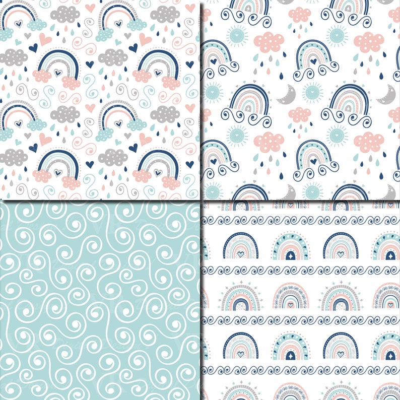 Pastel and Blue Rainbows Digital Paper, Cute Rainbow Seamless Patterns ...