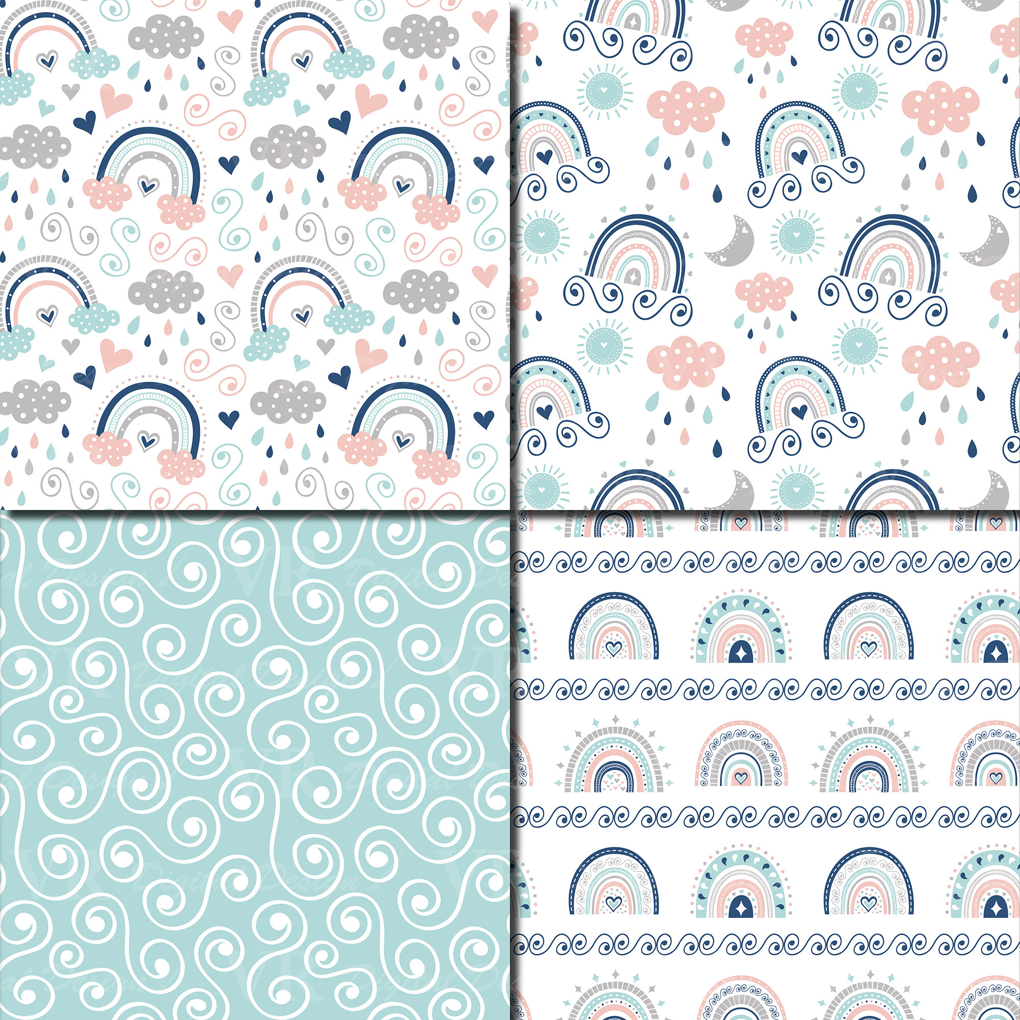 Pastel and Blue Rainbows Digital Paper, Cute Rainbow Seamless Patterns ...