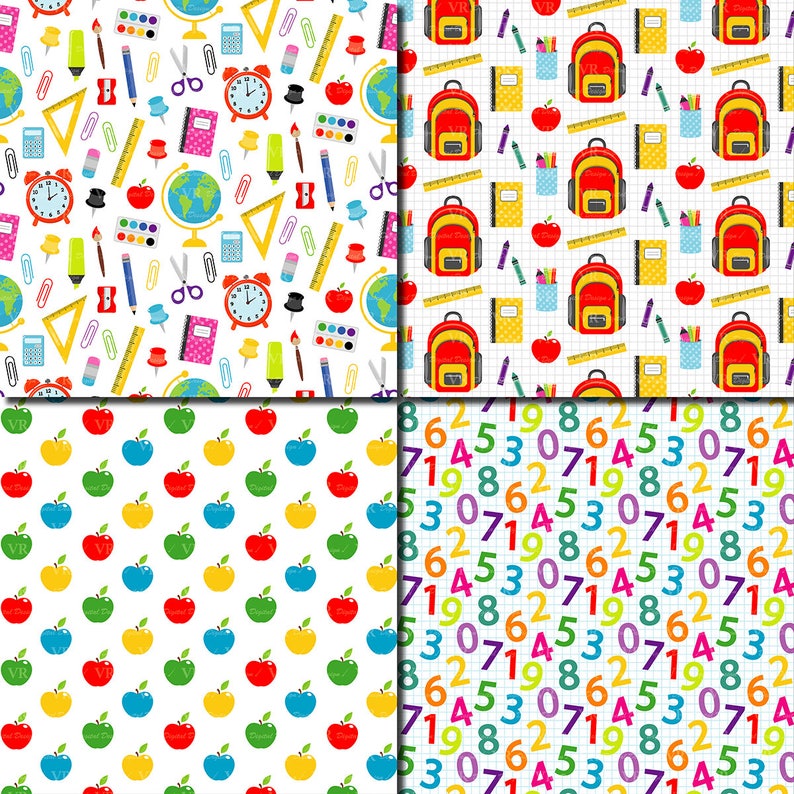 Back to School Digital Paper, School Supplies Pattern, Teacher ...