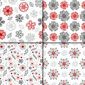 Red and Gray Floral Digital Paper, Flower Doodles Seamless Pattern ...