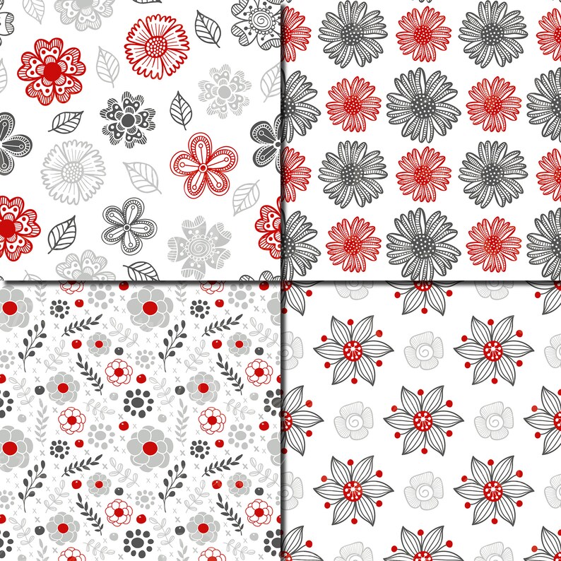 Red and Gray Floral Digital Paper Flower Doodles Seamless - Etsy