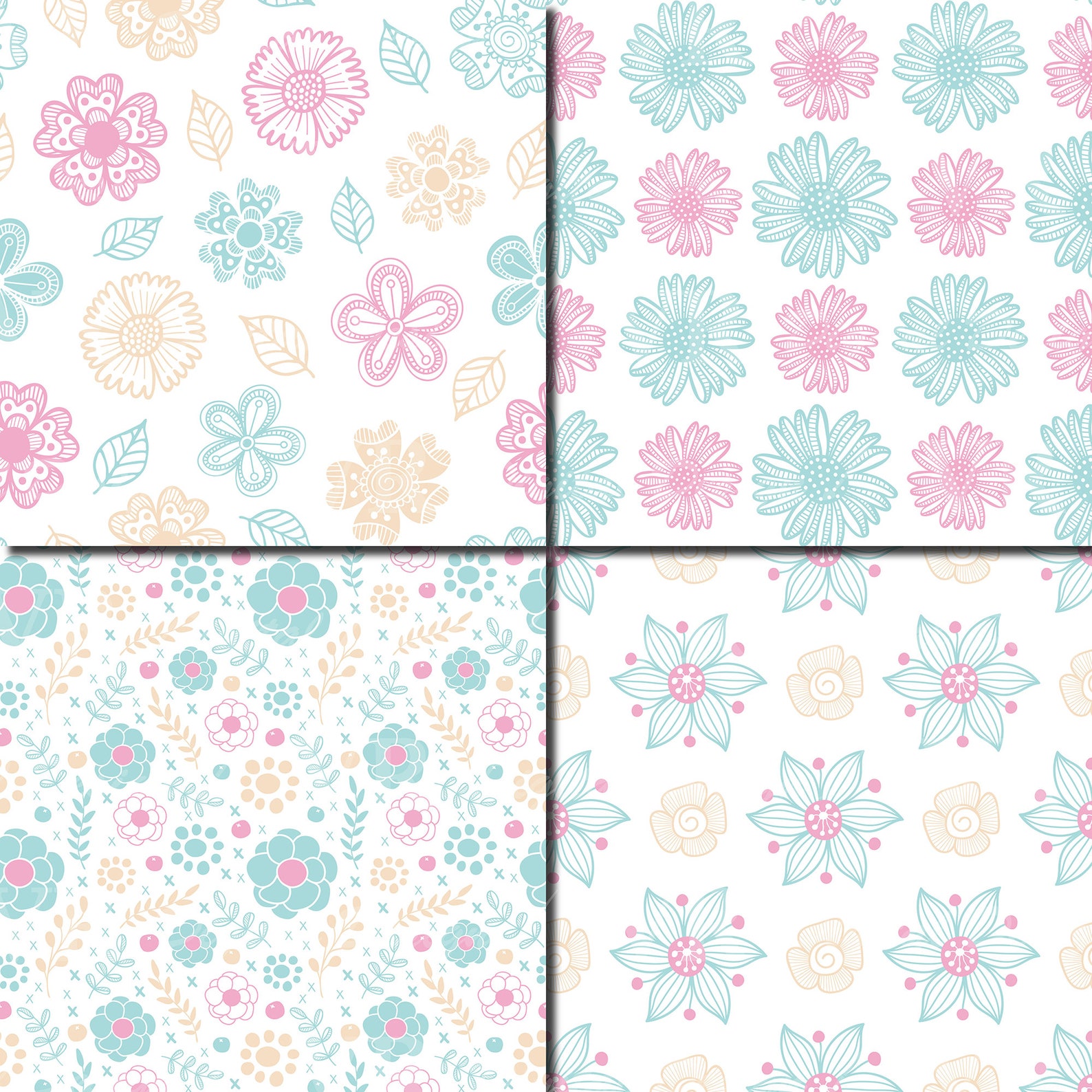 Aqua Blue and Pink Floral Digital Paper, Flower Doodles Seamless ...