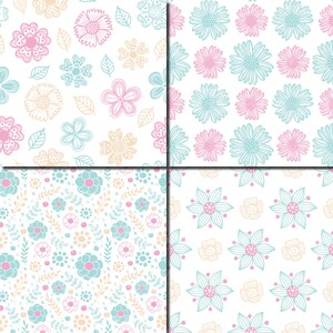 Aqua Blue and Pink Floral Digital Paper, Flower Doodles Seamless ...