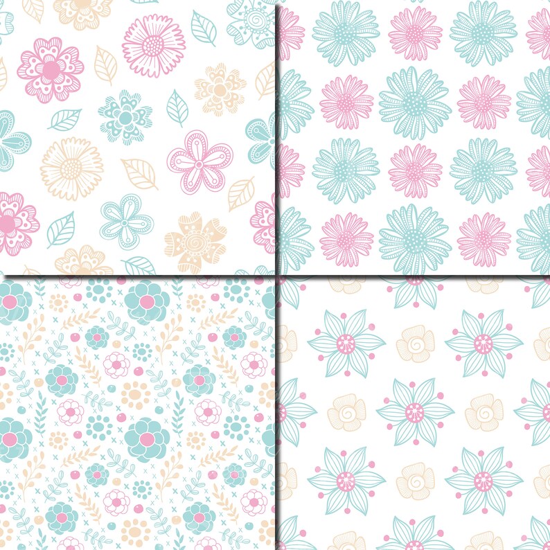 Aqua Blue and Pink Floral Digital Paper Flower Doodles - Etsy