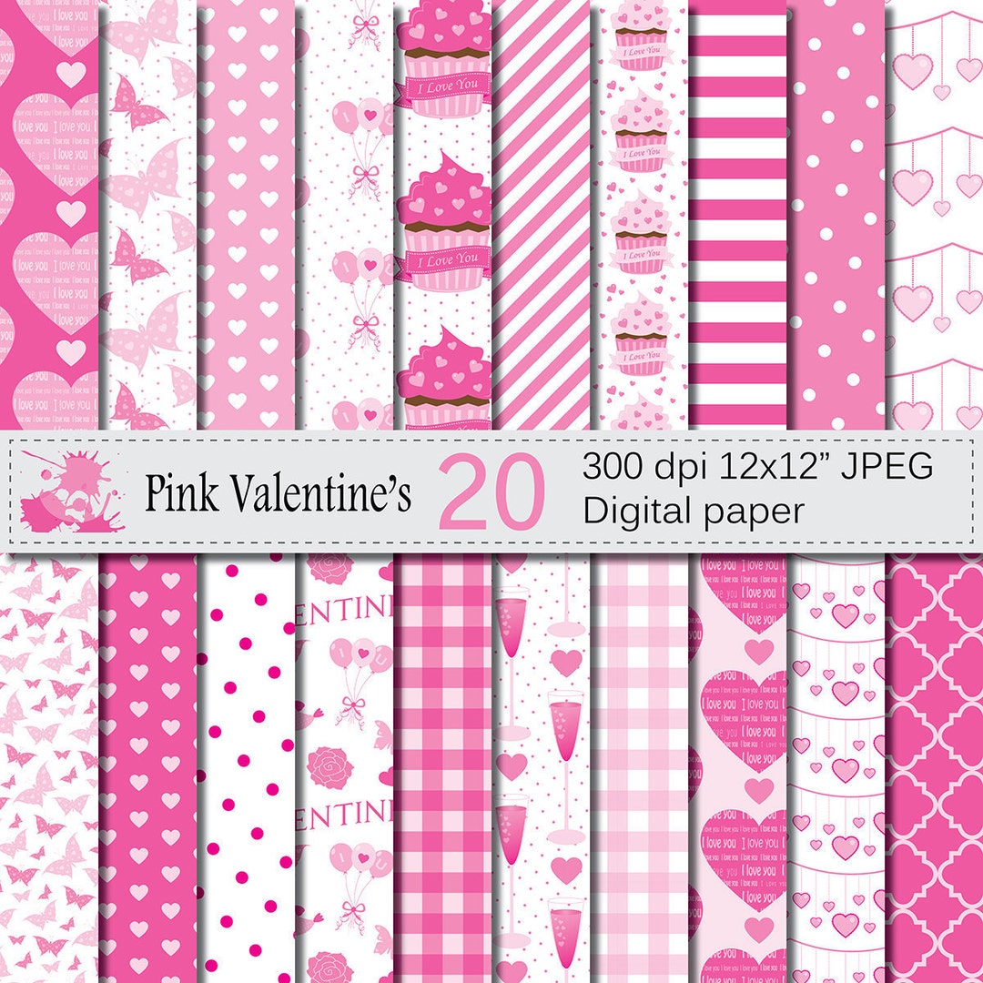 Pink Valentines Day Digital Paper With Hearts, Cupcakes, Butterflies ...