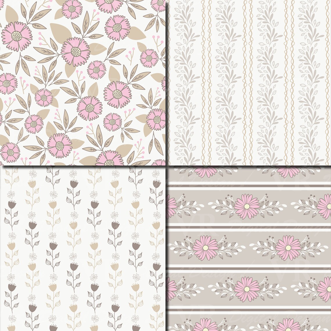 Pink and Brown Floral Digital Paper, Flowers Seamless Pattern, Neutral ...