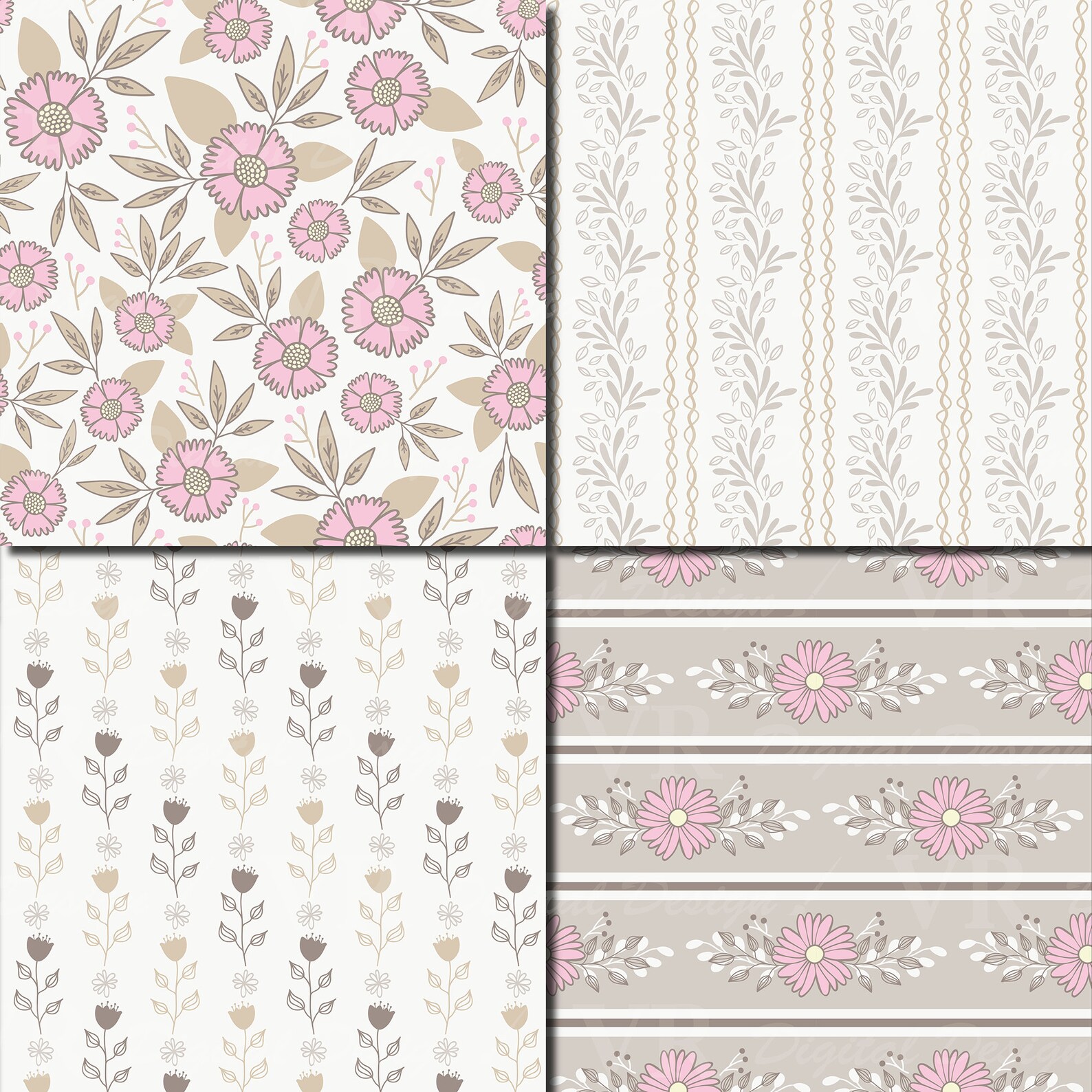 Pink and Brown Floral Digital Paper, Flowers Seamless Pattern, Neutral ...