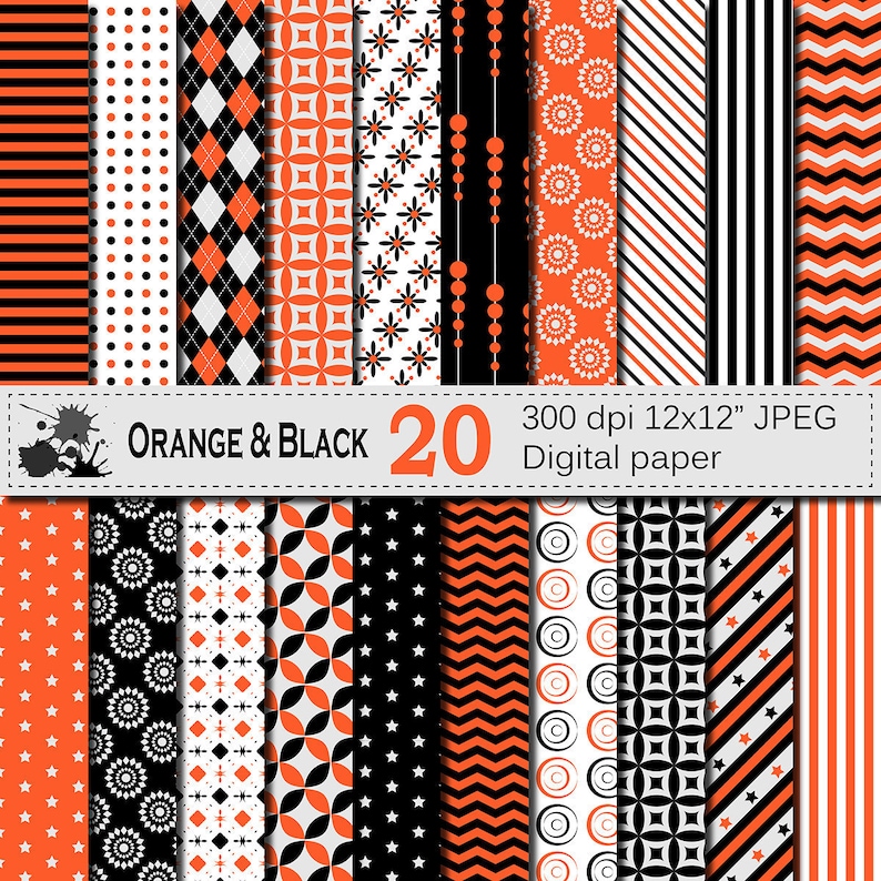 Orange and Black Digital Paper Set, Geometric Digital Printable ...