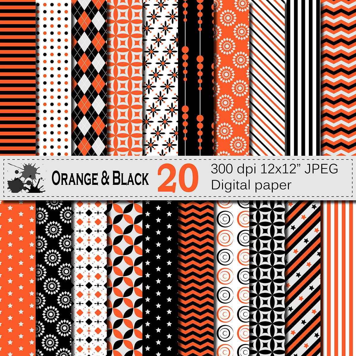 Orange and Black Digital Paper Set, Geometric Digital Printable ...