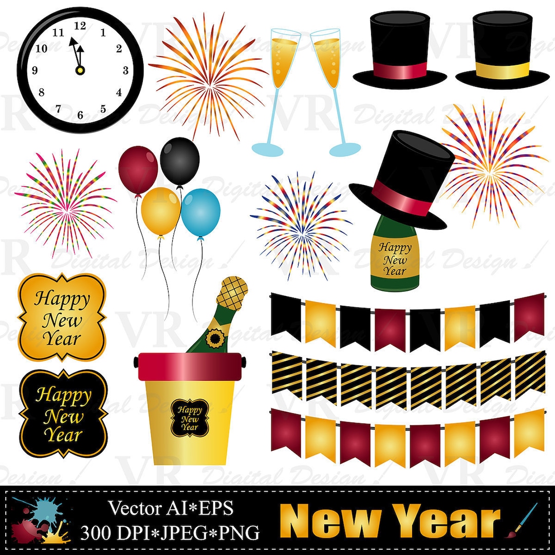 New Year Clip Art, Champagne Clip Art, New Year Instant Digital ...