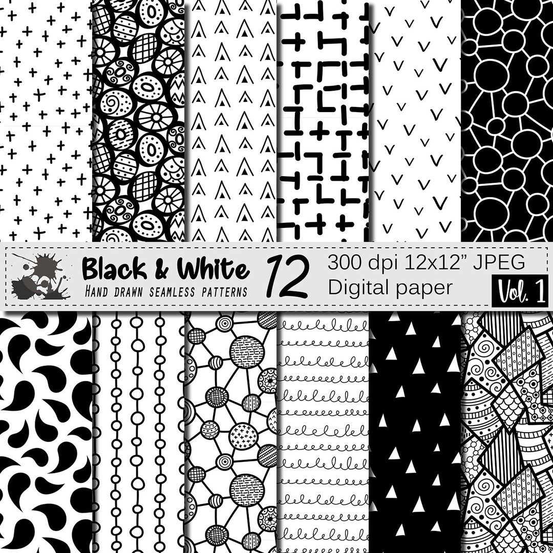 Black and White Hand Drawn Seamless Digital Paper, Monochrome Geometric ...