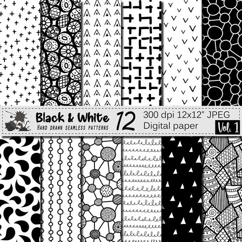 Black and White Hand Drawn Seamless Digital Paper Monochrome - Etsy