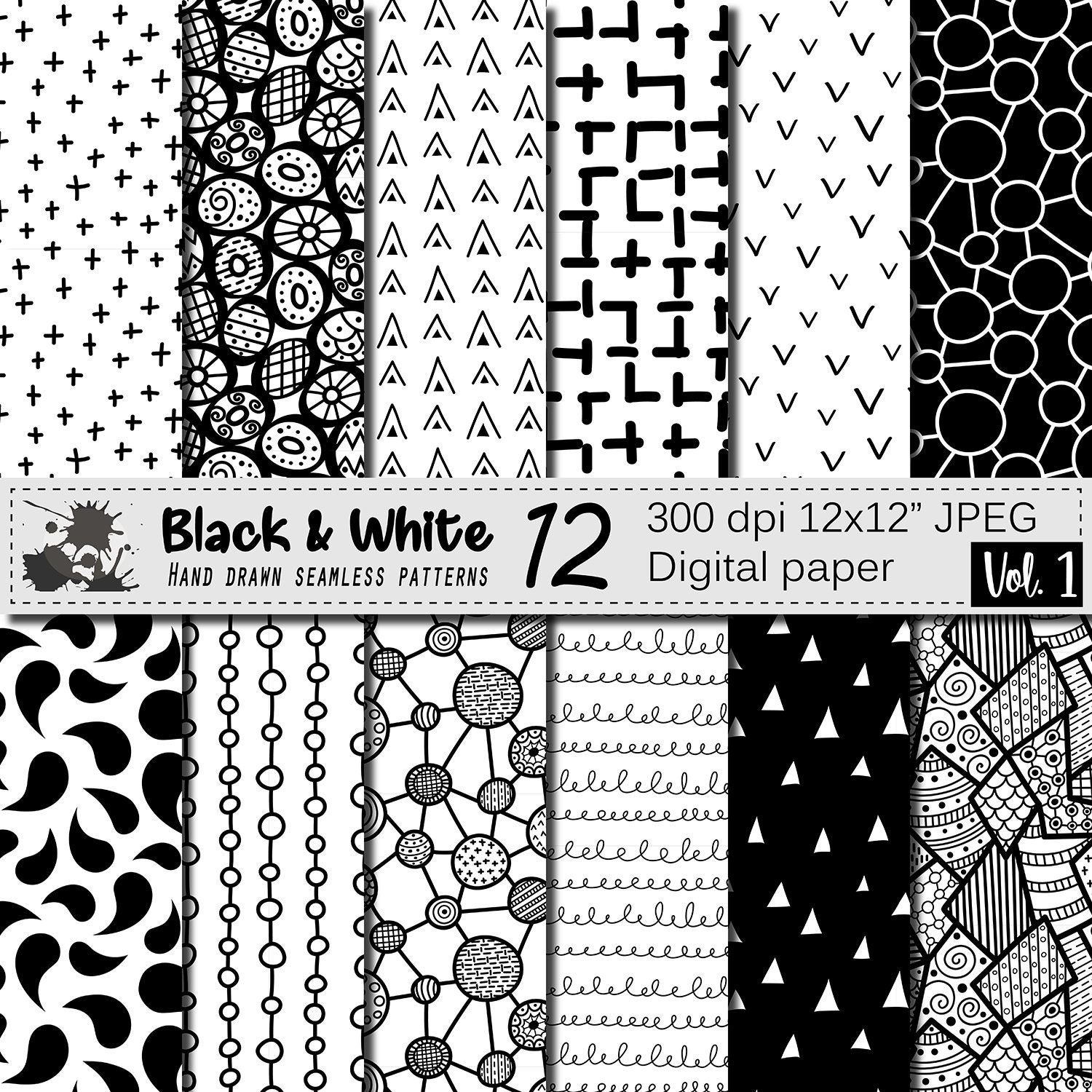 Black and White Hand Drawn Seamless Digital Paper, Monochrome Geometric ...