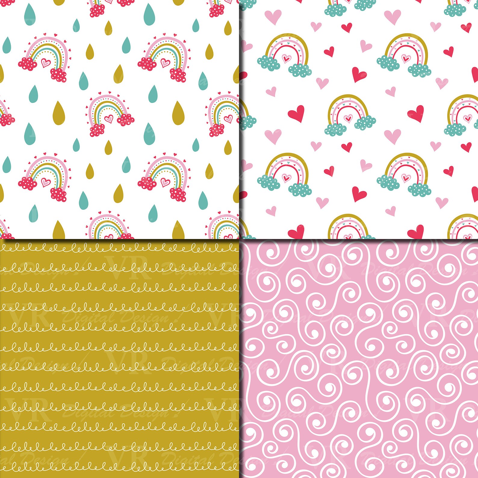 Bright Rainbows Digital Paper, Cute Colorful Rainbow Seamless Patterns ...