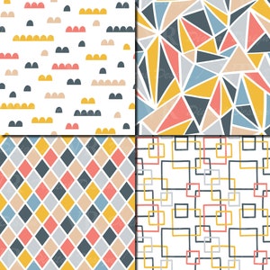 Retro Geometric Digital Paper, Blue Coral Yellow Seamless Geometric ...