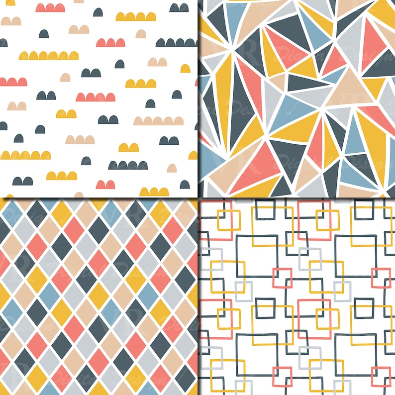 Retro Geometric Digital Paper Blue Coral Yellow Seamless - Etsy