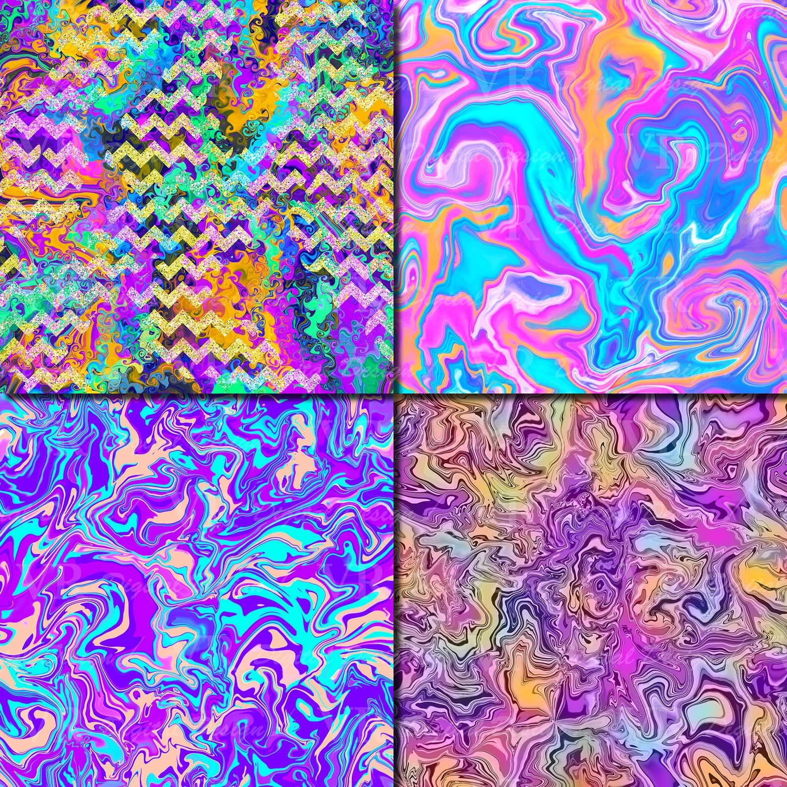 Bright Abstract Marble and Glitter Chevrons Digital Paper / Colorful ...