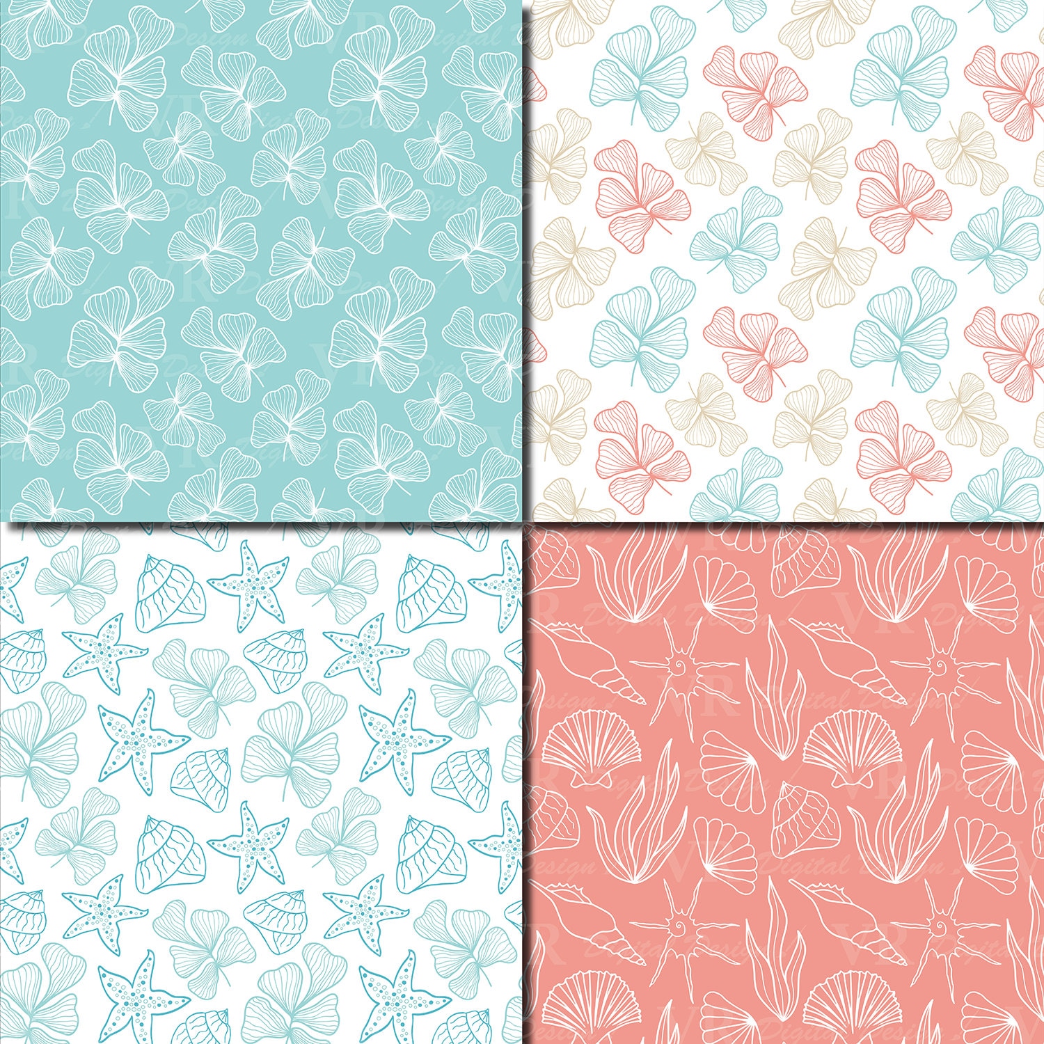 Sea Life Digital Paper With Seashells, Starfish and Corals, Ocean ...