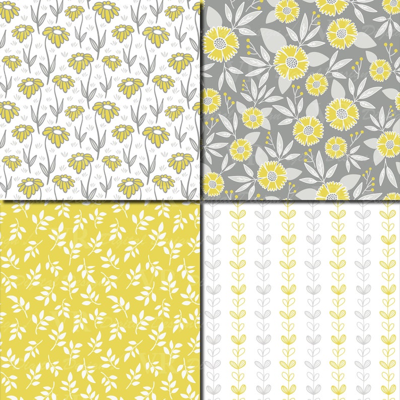 Yellow and Gray Floral Digital Paper, Floral Seamless Pattern, Flowers ...