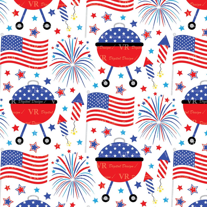 4th of July Digital Papers, Patriotic USA Red and Blue Stars and ...