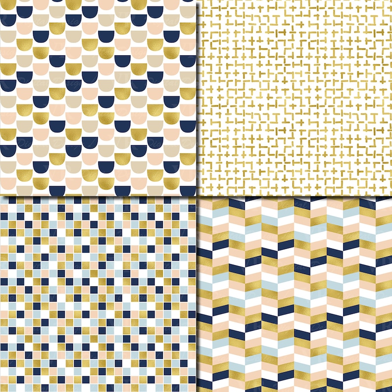 Blue, Neutral and Gold Foil Digital Paper, Seamless Geometric Patterns ...