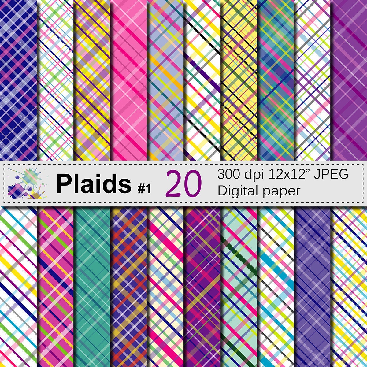 Colorful Bright Plaid Digital Paper Set, Purple Blue Green Pink Yellow ...