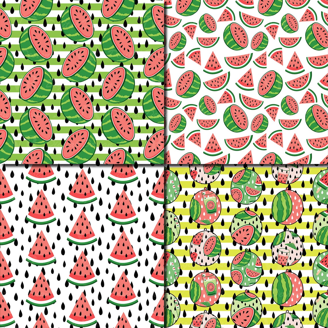 Watermelon Digital Paper, Cute Summer Fruit Digital Papers, Red and ...