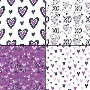 Hearts Digital Paper, Purple Valentine's Day Seamless Patterns, Love ...