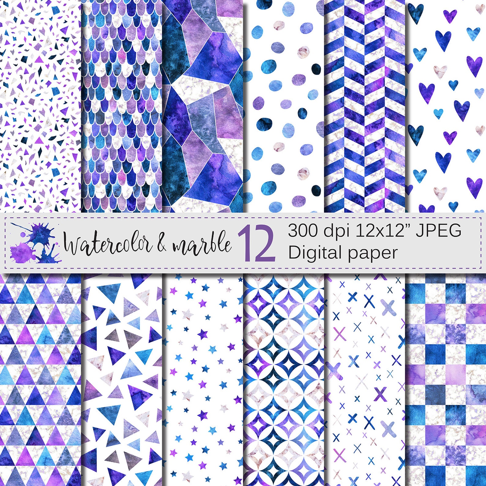 Watercolor and Marble Digital Paper, Purple and Blue Watercolour ...