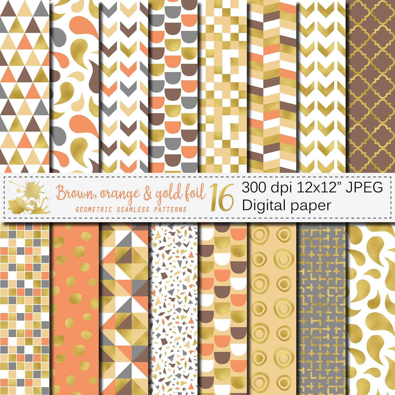 Brown, Orange and Gold Foil Digital Paper, Seamless Geometric Patterns ...