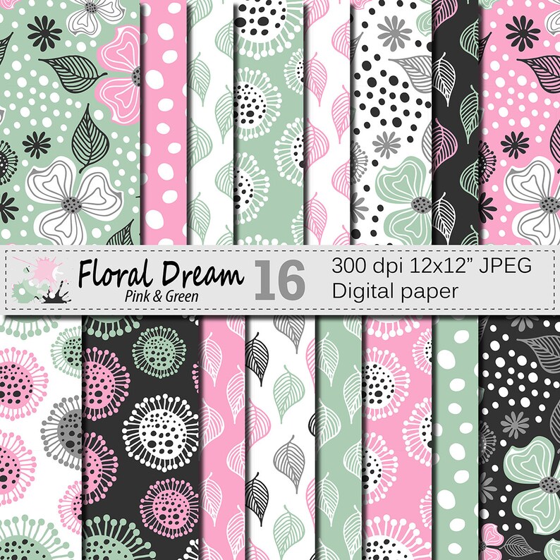 Seamless Floral Pink and Green Digital Paper "floral Dream", Hand Drawn ...