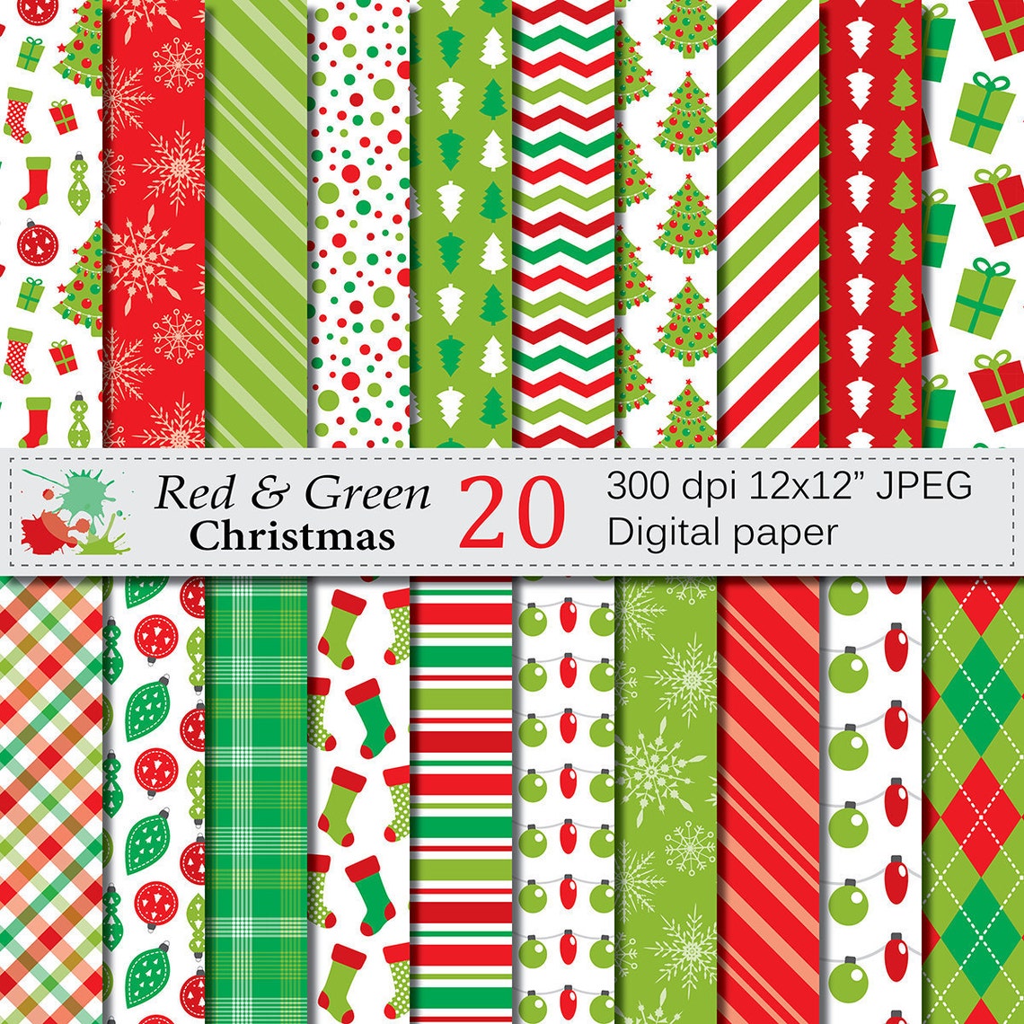 Red and Green Christmas Digital Paper Set, Christmas Digital Papers ...