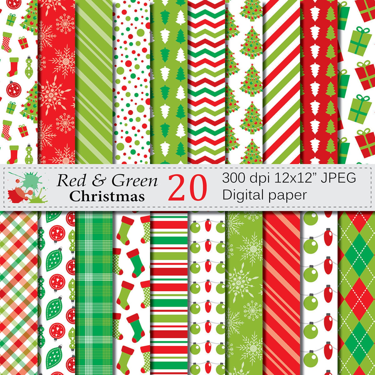 Red and Green Christmas Digital Paper Set, Christmas Digital Papers ...