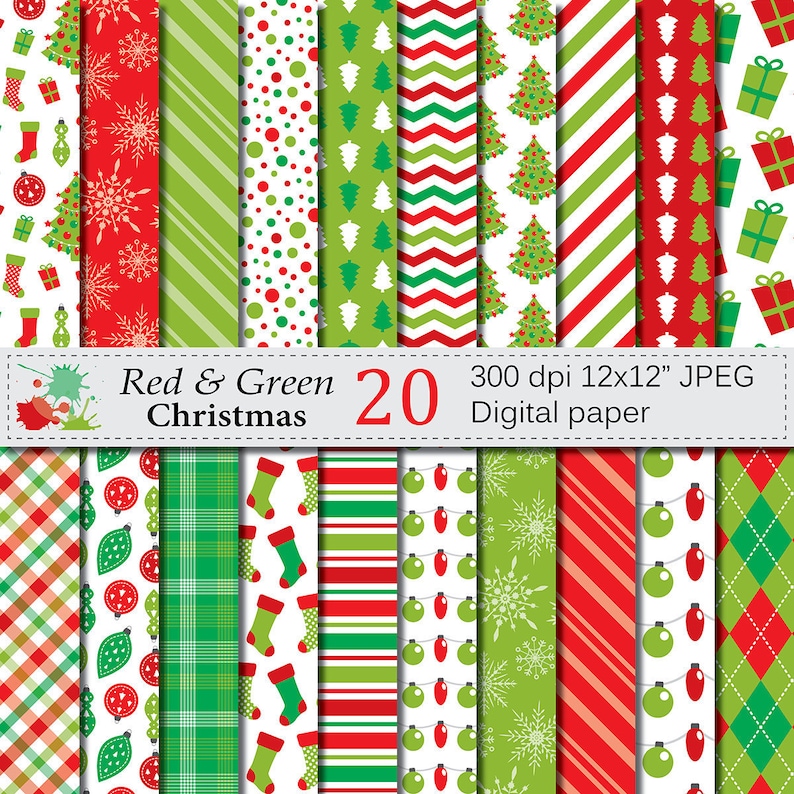 Red and Green Christmas Digital Paper Set, Christmas Digital Papers ...