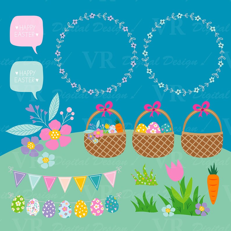 Easter Bunny Digital Clipart, Easter Rabbit Clipart, Easter Eggs ...